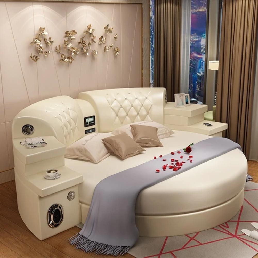 High-End Round Bed Frame with Luxurious Leather Design