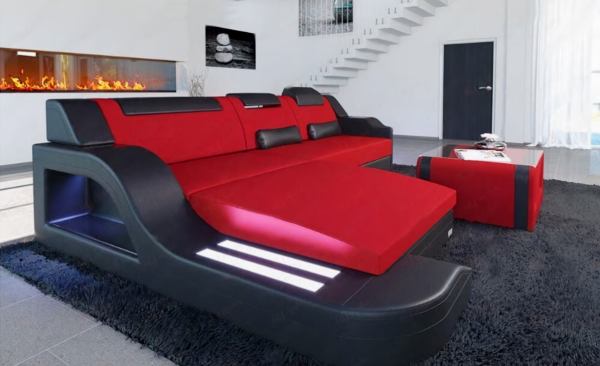 L-Shaped Sectional Leather Sofa with LED Lighting