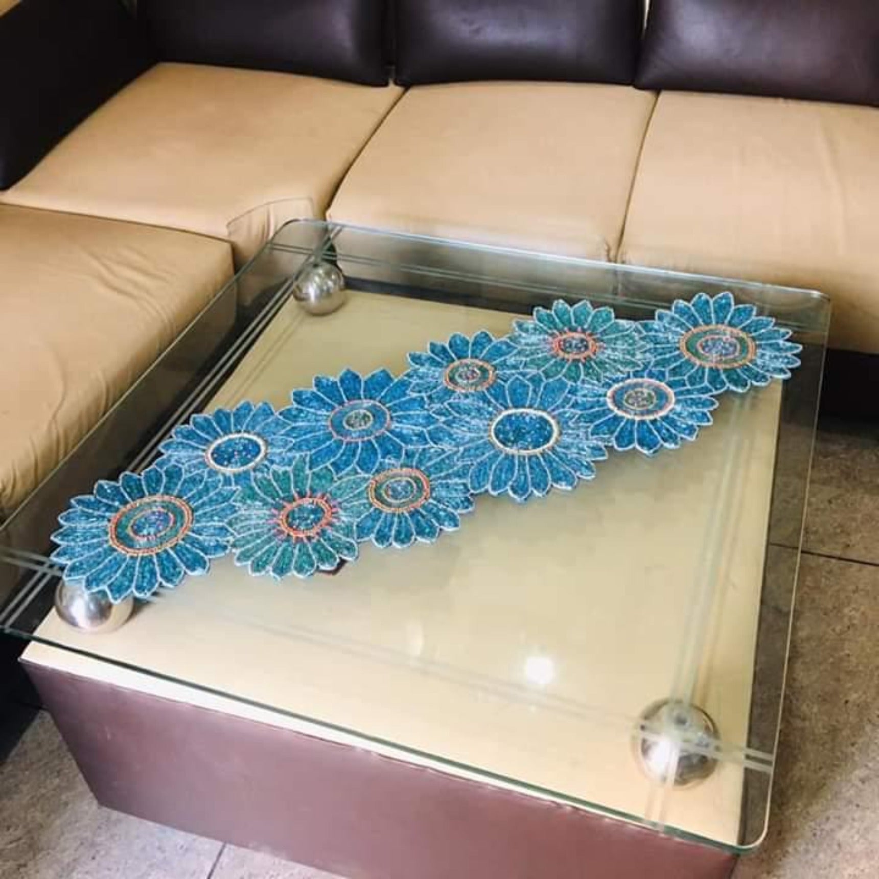 Blue Floral Designed Glitz Decorative Table Runner - Online Furniture ...