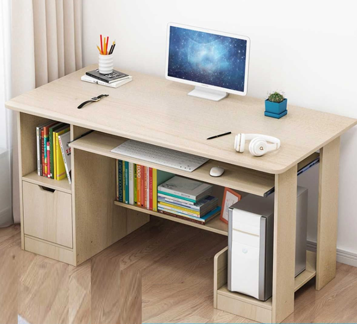 Shiny Wooden Computer Desk With Bookshelf - Online Furniture Store - My ...