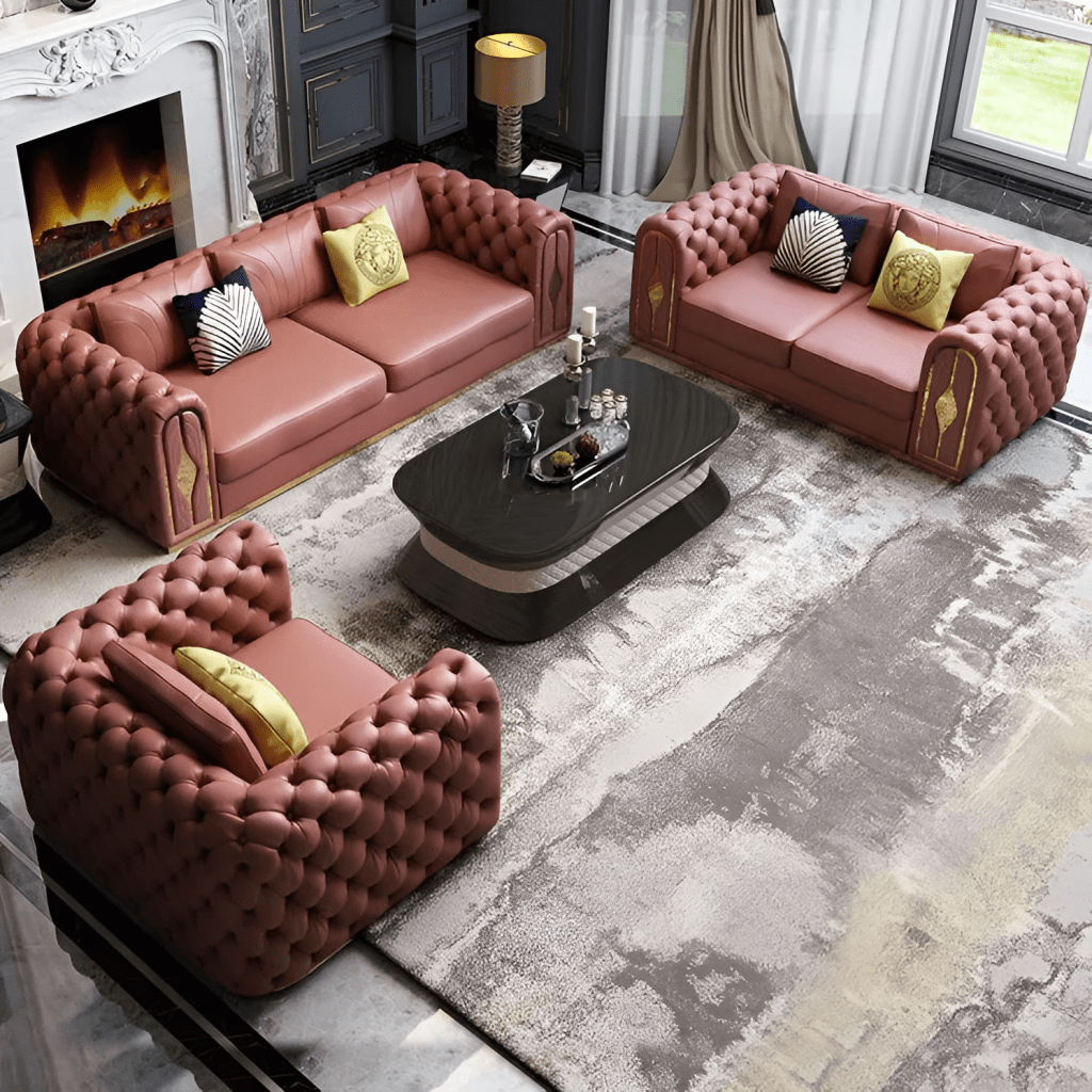 Opulent Chesterfield Leather Sofa Set with Metal Accents