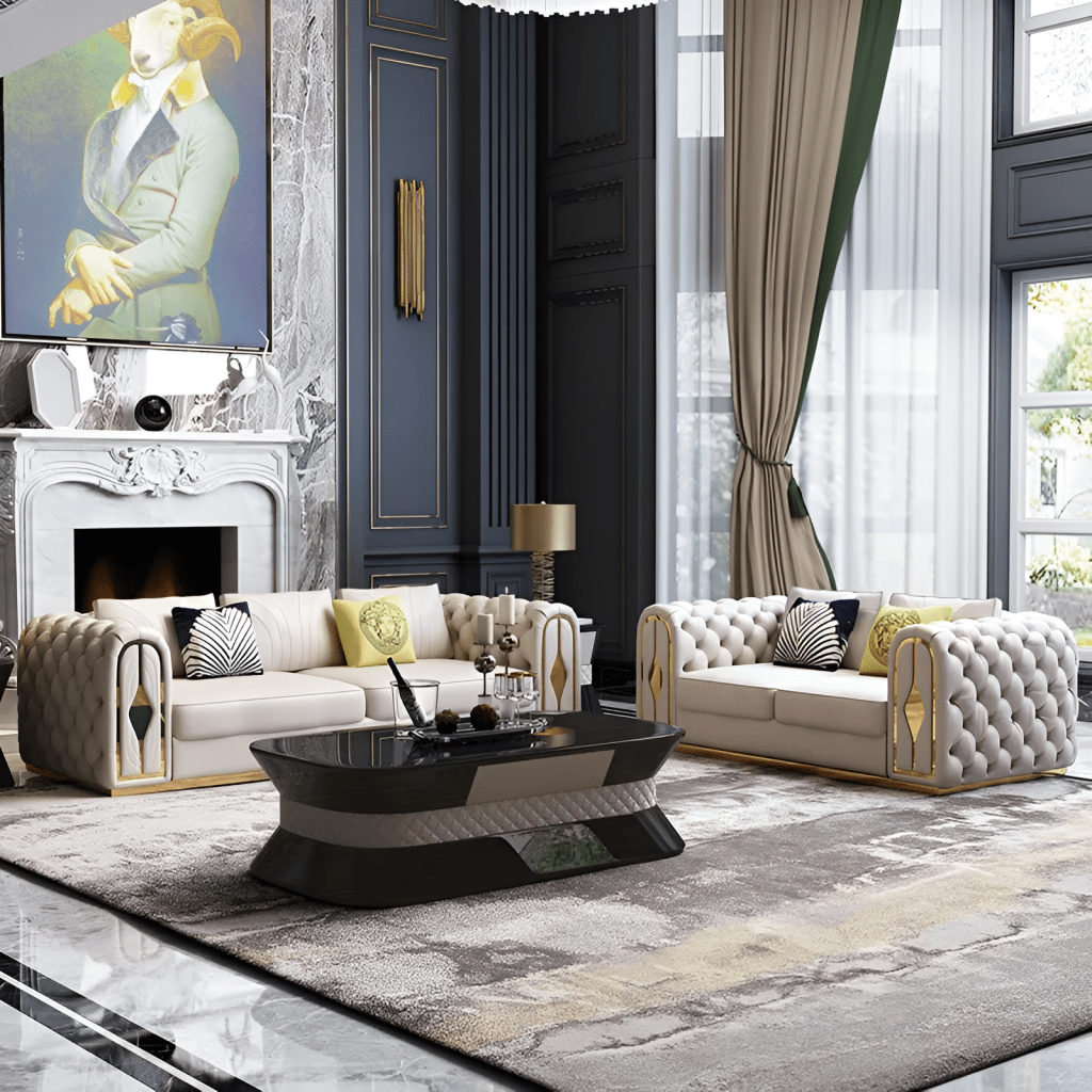 Opulent Chesterfield Leather Sofa Set with Metal Accents