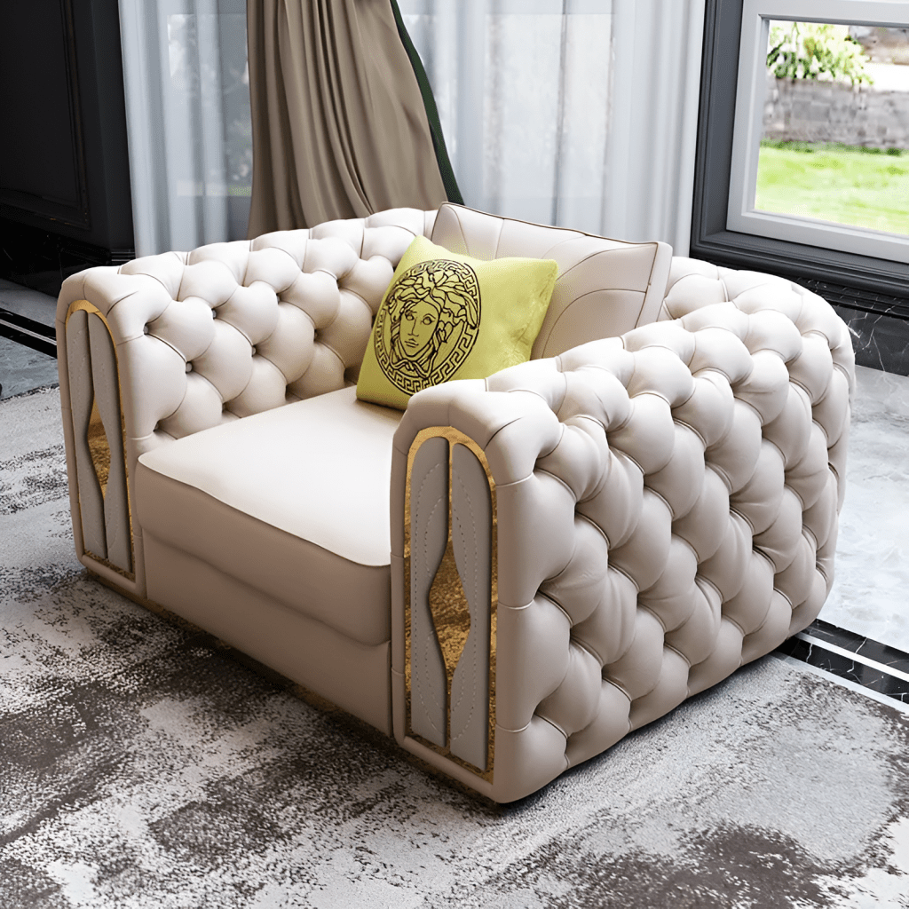 Opulent Chesterfield Leather Sofa Set with Metal Accents